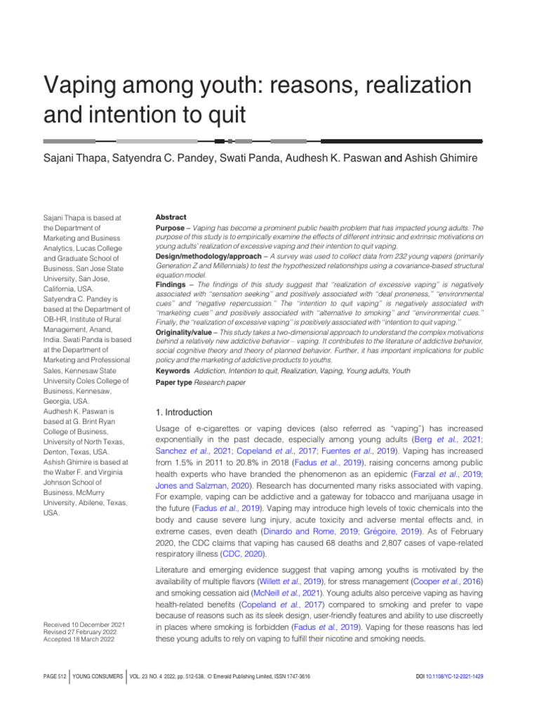 Vaping Among Youth: Reasons, Realization and Intention To Quit. | PDF ...