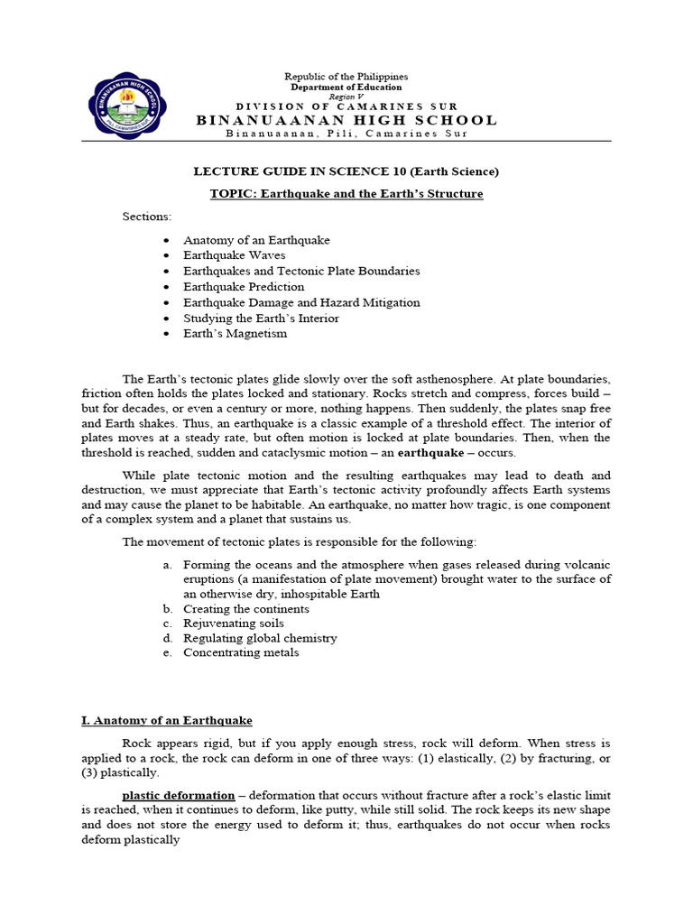 Lecture Guide in Science 10 | PDF | Earthquakes | Deformation (Engineering)