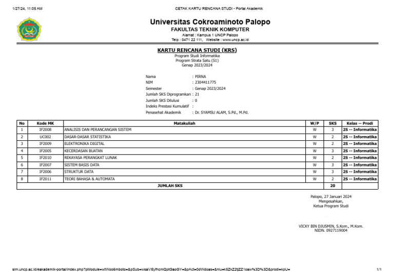 CETAK KARTU RENCANA STUDI - Portal Akademik1 | PDF