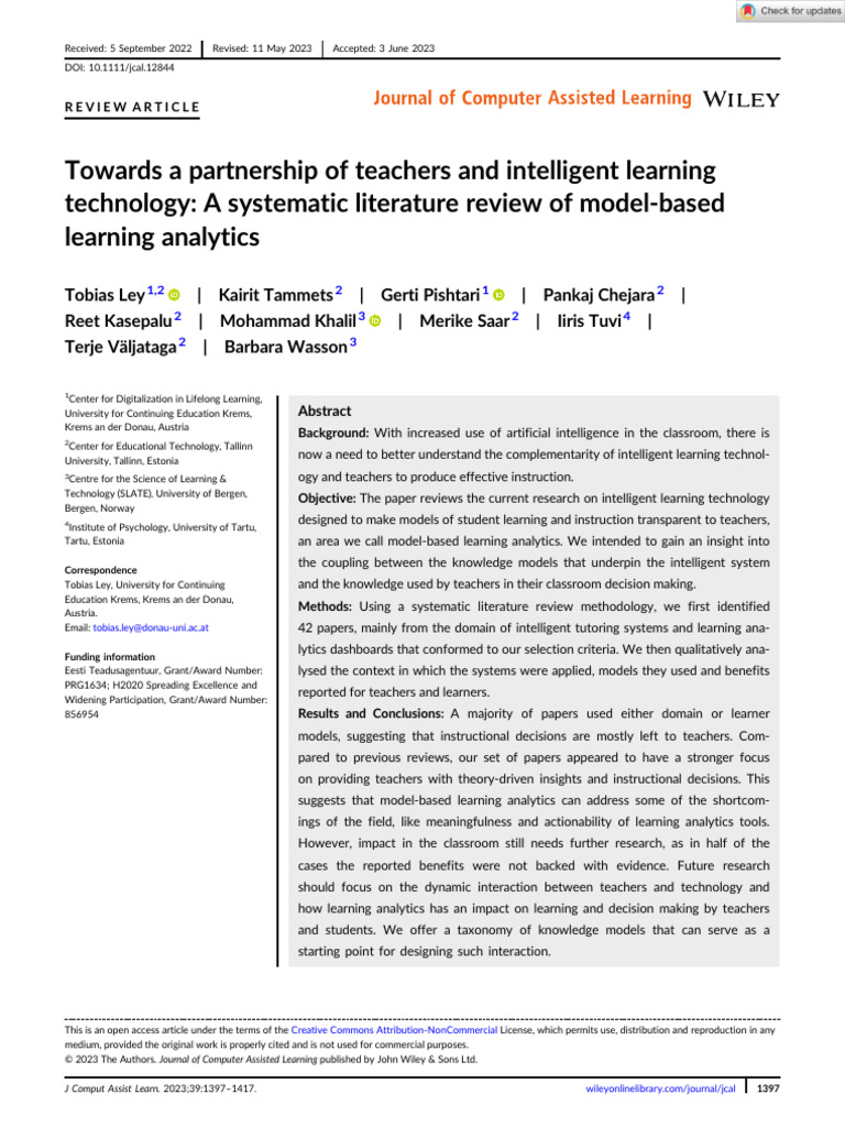 Computer Assisted Learning - 2023 - Ley - Towards A Partnership of Teachers and Intelligent ...