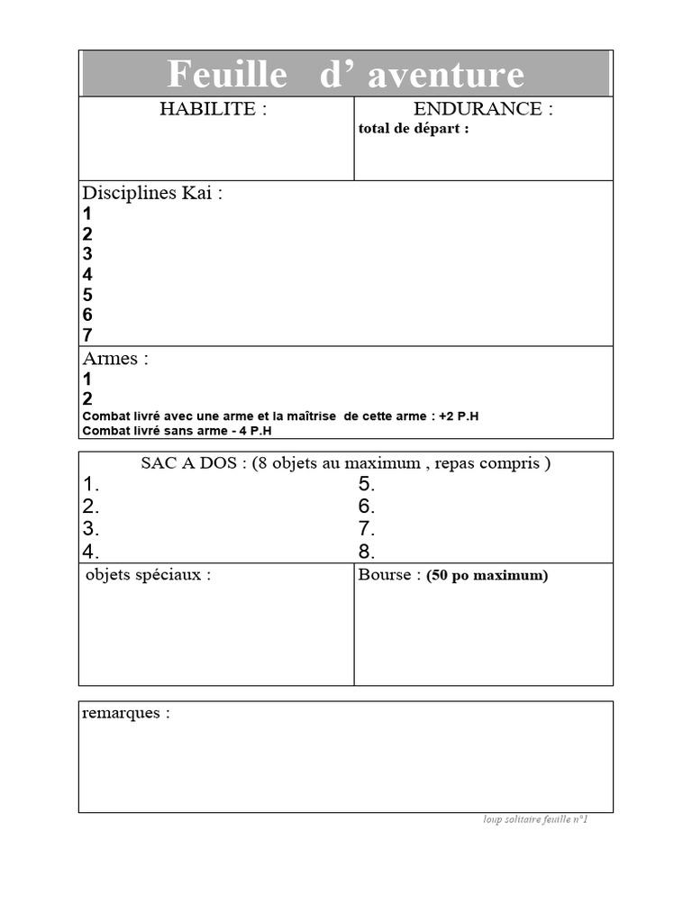 Feuille d'Aventure Loup Solitaire | PDF