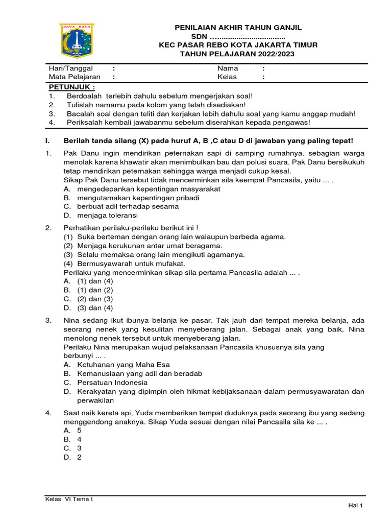 Soal Pas Kelas Vi Tema 1 2022 | PDF