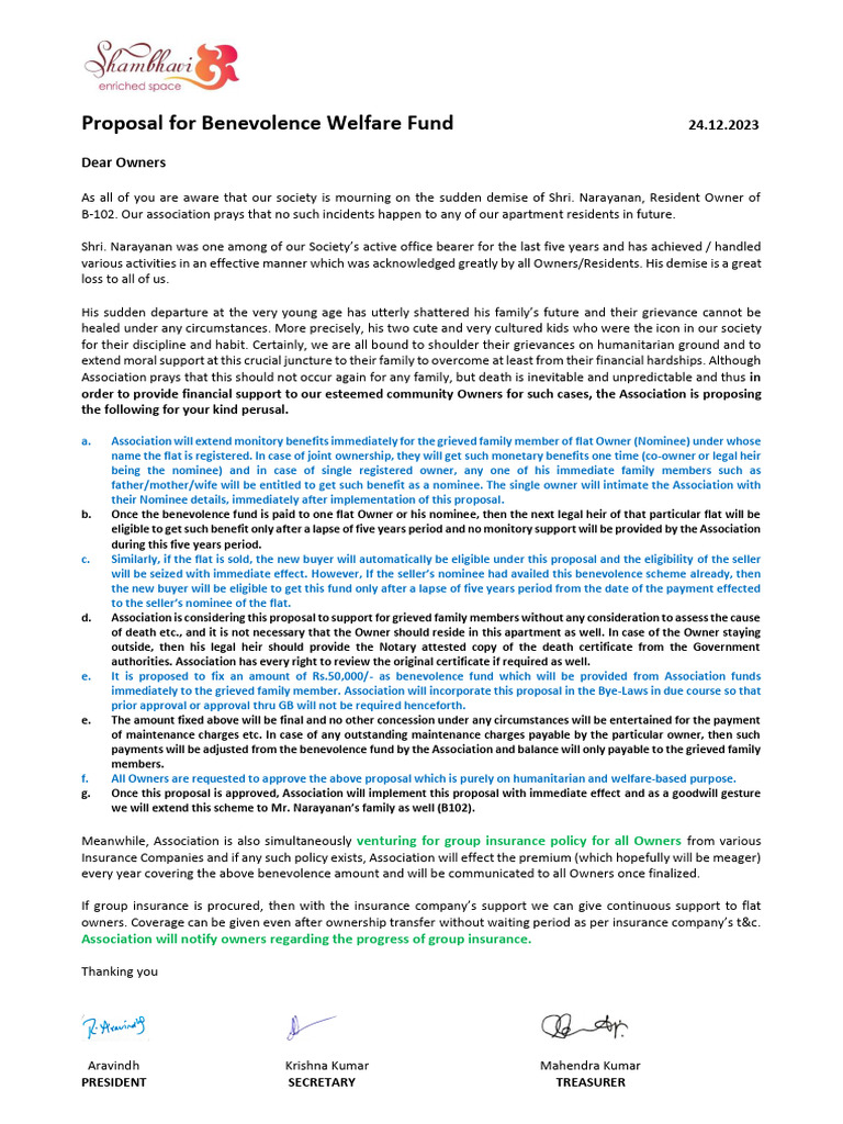 Proposal For Benevolence Welfare Fund - Approval | PDF | Insurance | Private Law