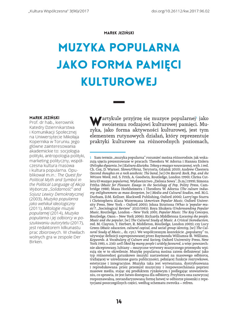 Muzyka Popularna Jako Forma Pamięci Kulturowej | PDF