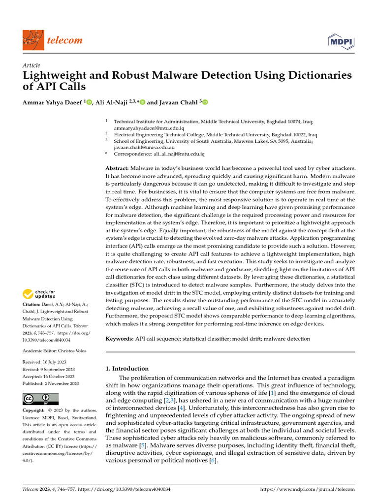 Lightweight and Robust Malware Detection Using Dictionaries of API Calls | PDF | Malware | Deep ...