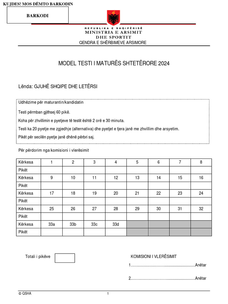 Gjuhe Shqipe Dhe Letersi Model Testi Msh 2024 Pdf