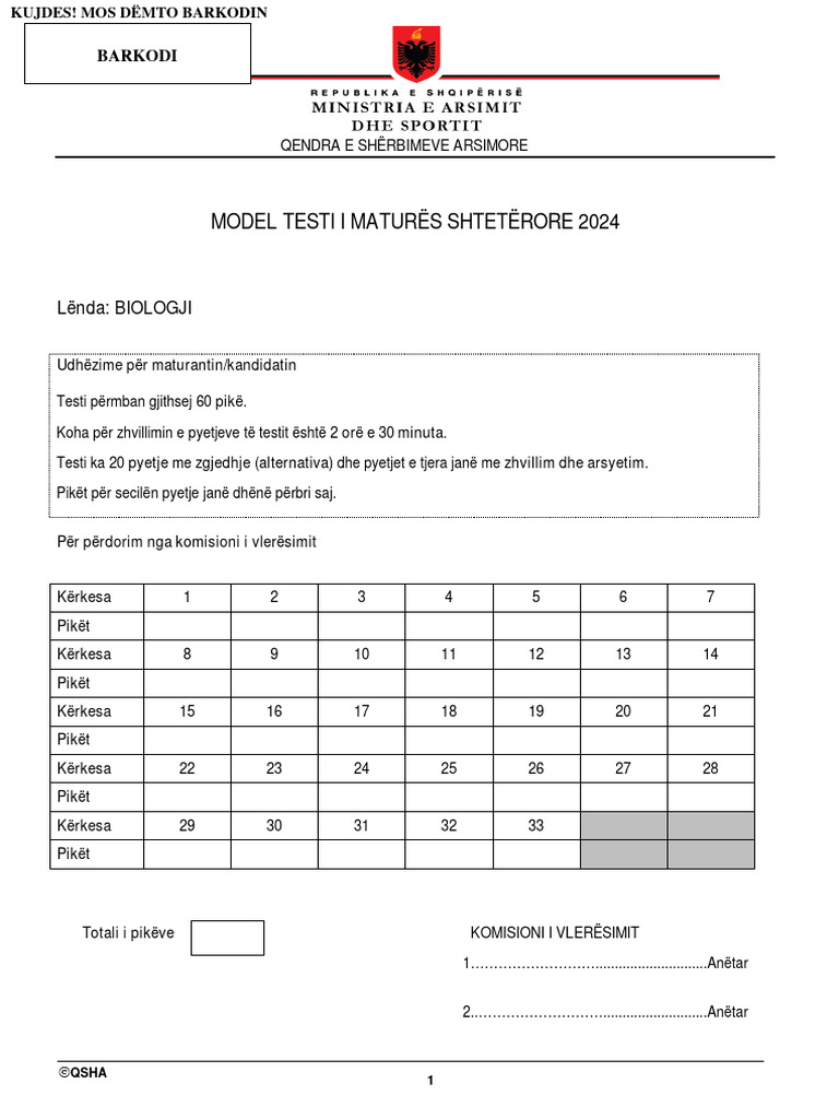 Biologji Model Testi MSH 2024 | PDF