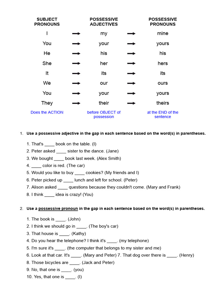 Possessive Adjectives and Pronouns Exercises | PDF