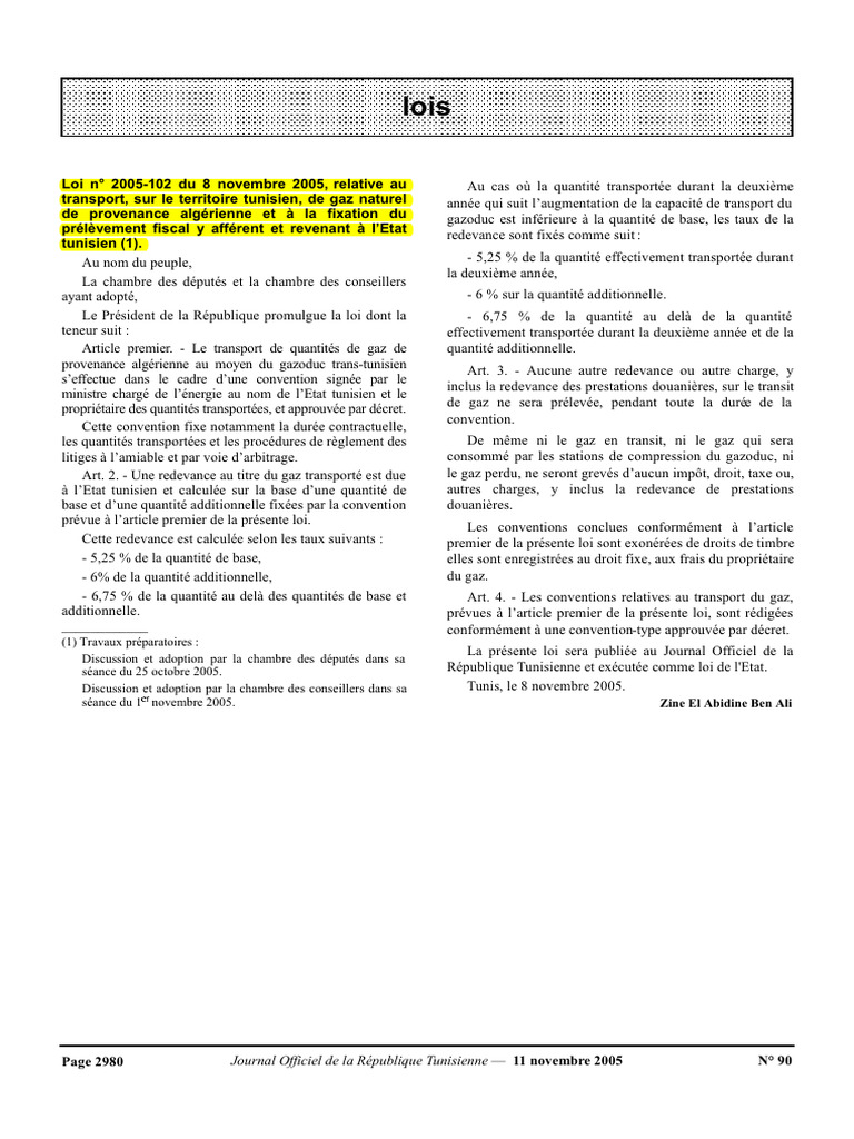 Tunisie Loi 2005 102 Transport Du Gaz Algerien | PDF