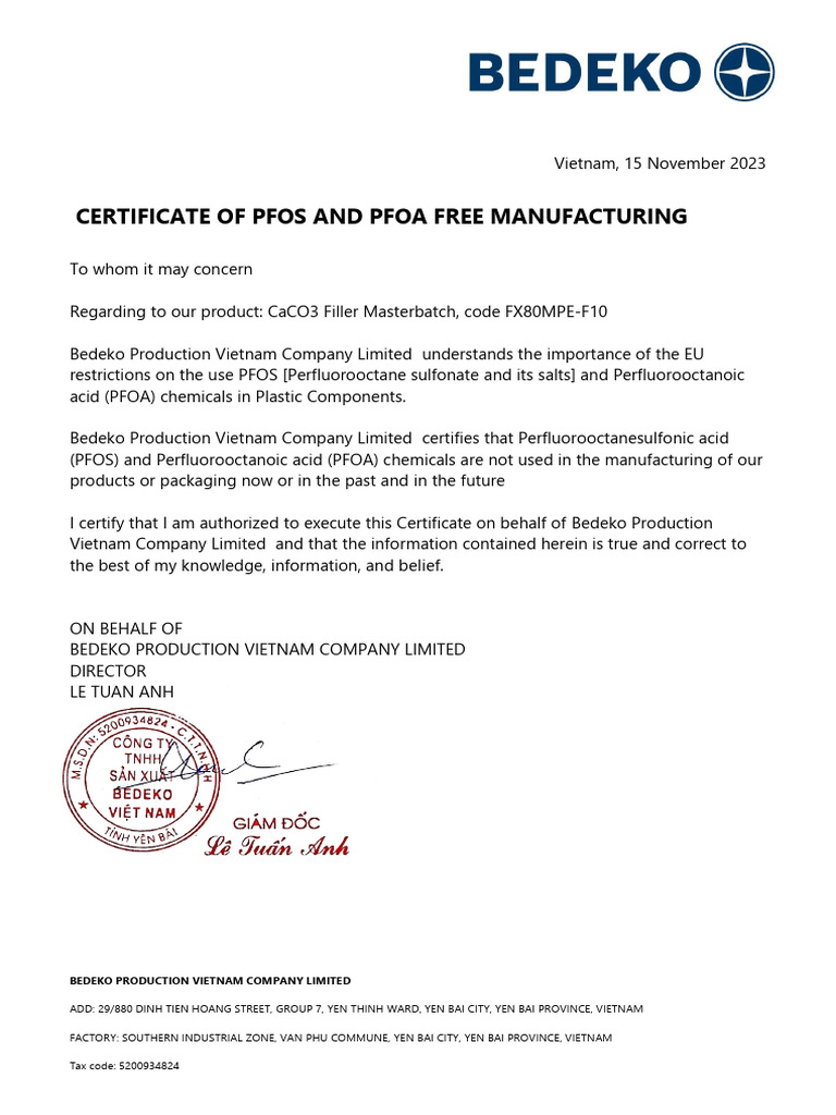 Certificate of Pfos and Pfoa Free Manufacturing | PDF