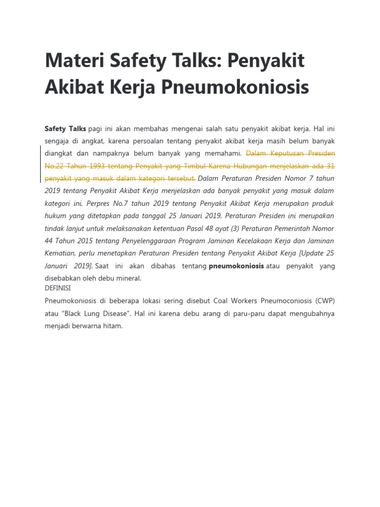 Materi Safety Talks Penyakit Akibat Kerja Pneumokoniosis | PDF