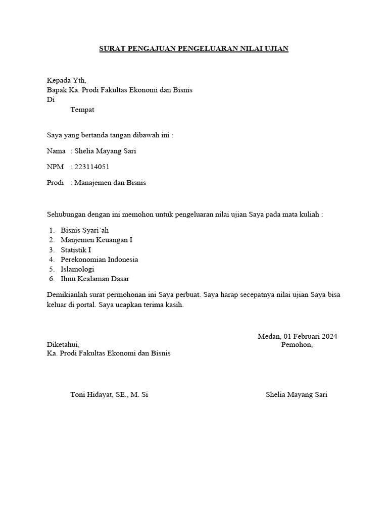 Surat Pengajuan Pengeluaran Nilai Ujian | PDF