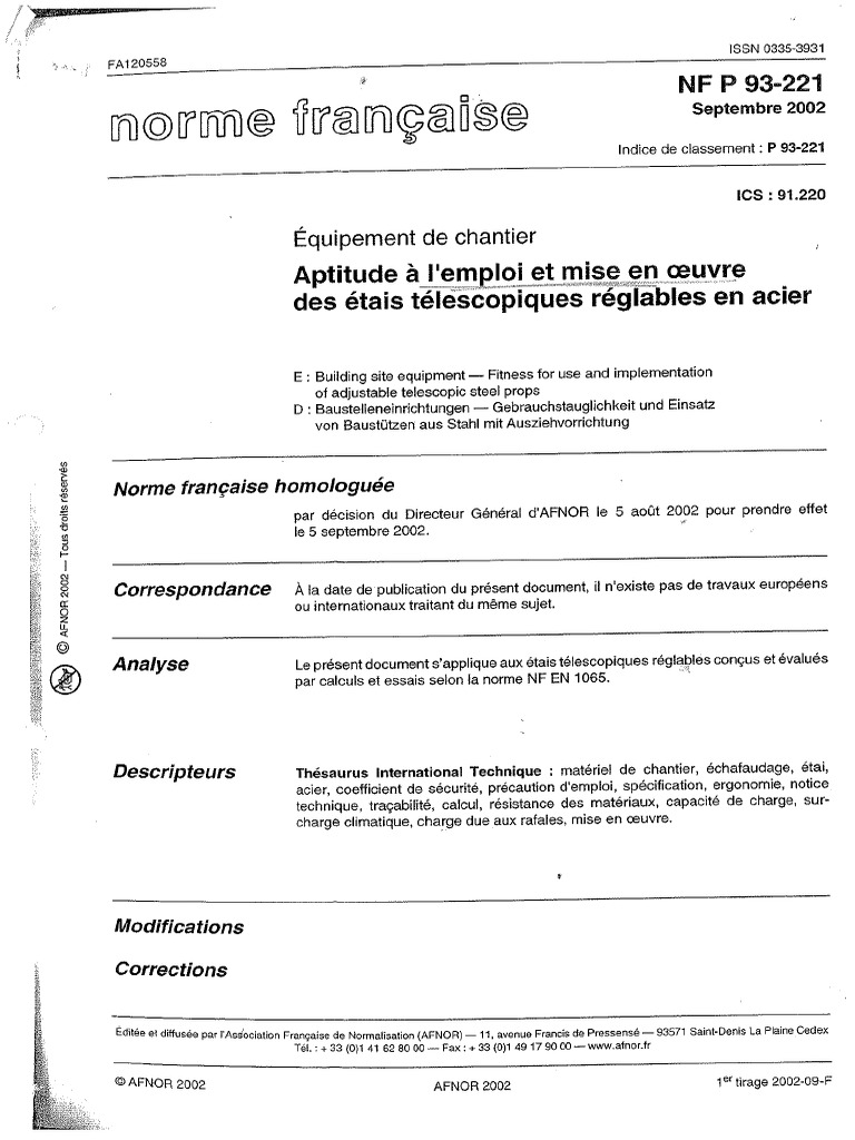 NF P 93-221 - Etais, Aptitude À L'emploi Et Mise en Oeuvre | PDF