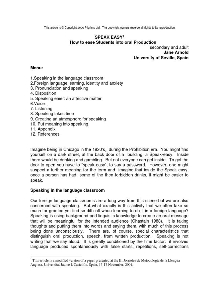 Arnold, J. 2000 - Speak Easy - How To Ease Students Into Oral Production | PDF | Learning ...