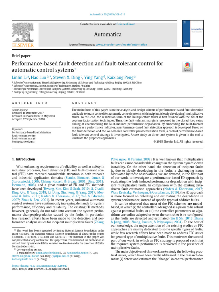 Performance-Based Fault Detection and Fault-Tolerant Control For Automatic Control Systems | PDF ...