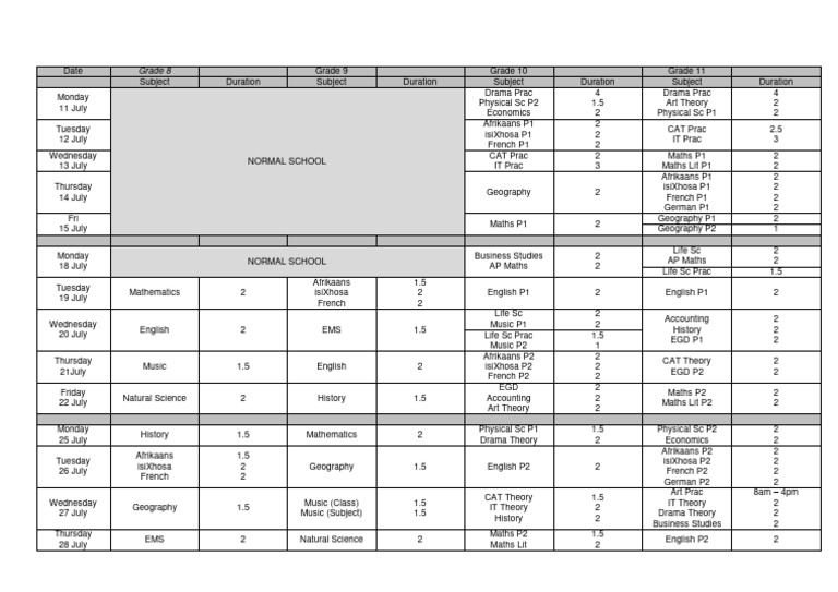 GR 8 - 11 Exam Timetable July 2022 | PDF | Educational Stages | Science