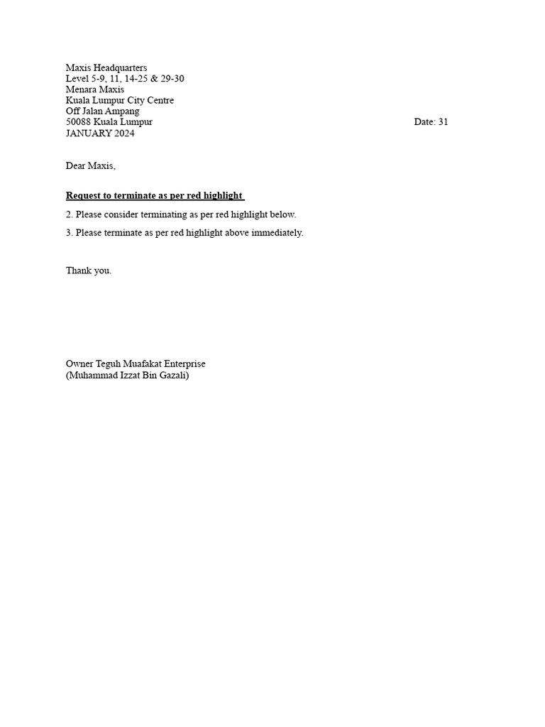Letter of Termination Maxis | PDF | Business