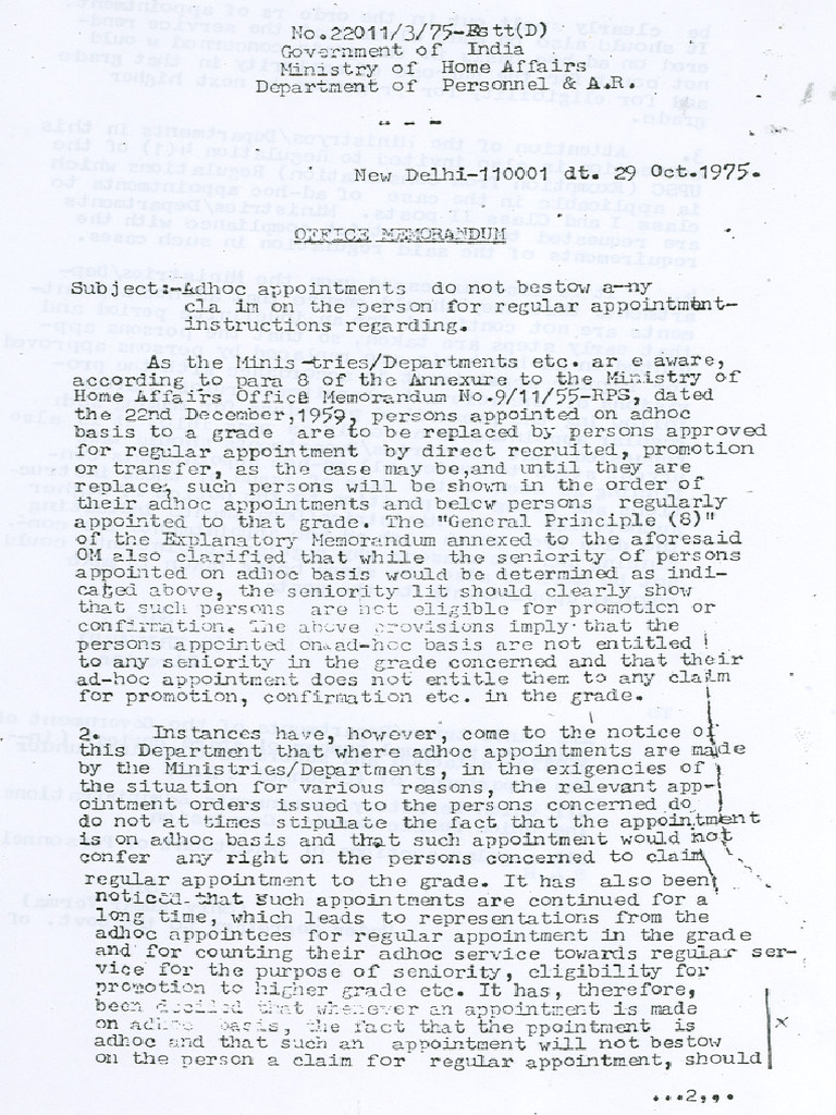 Dopt Order On Adhoc Appointments 1975 | PDF