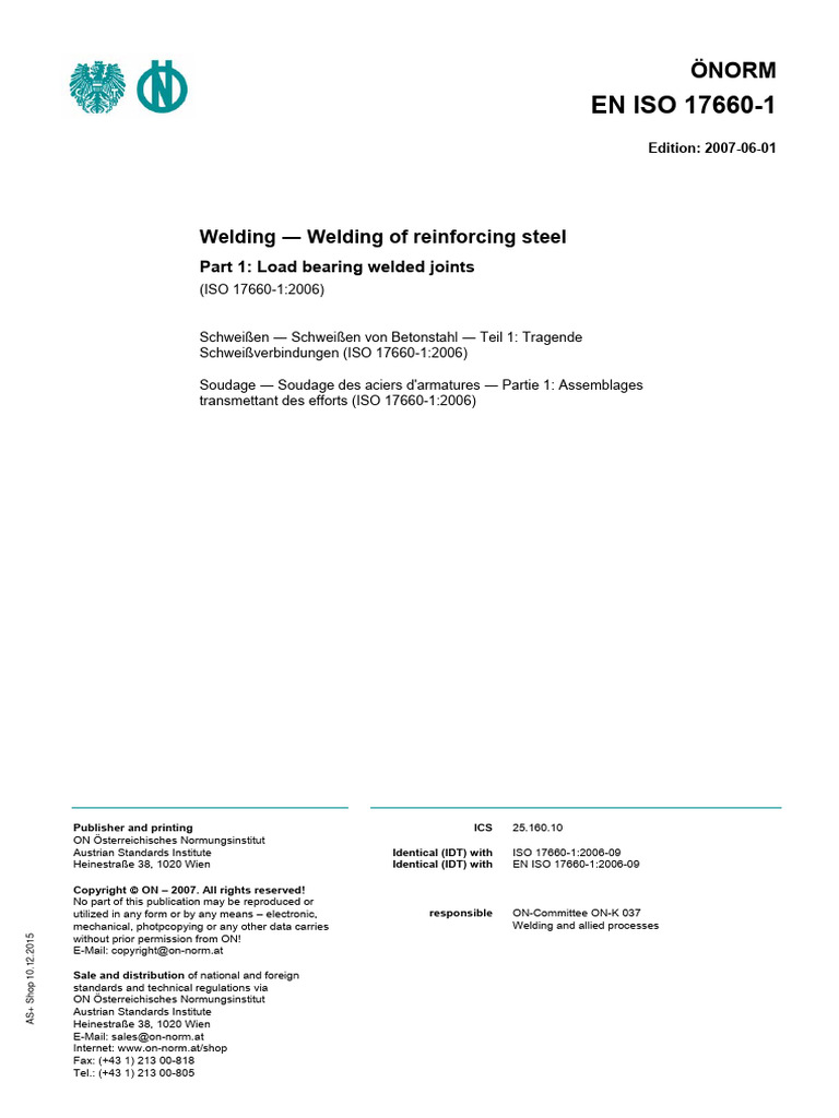 EN ISO 17660-1 Welding - Welding of Reinforcing Steel Part 1 | PDF | International Organization ...