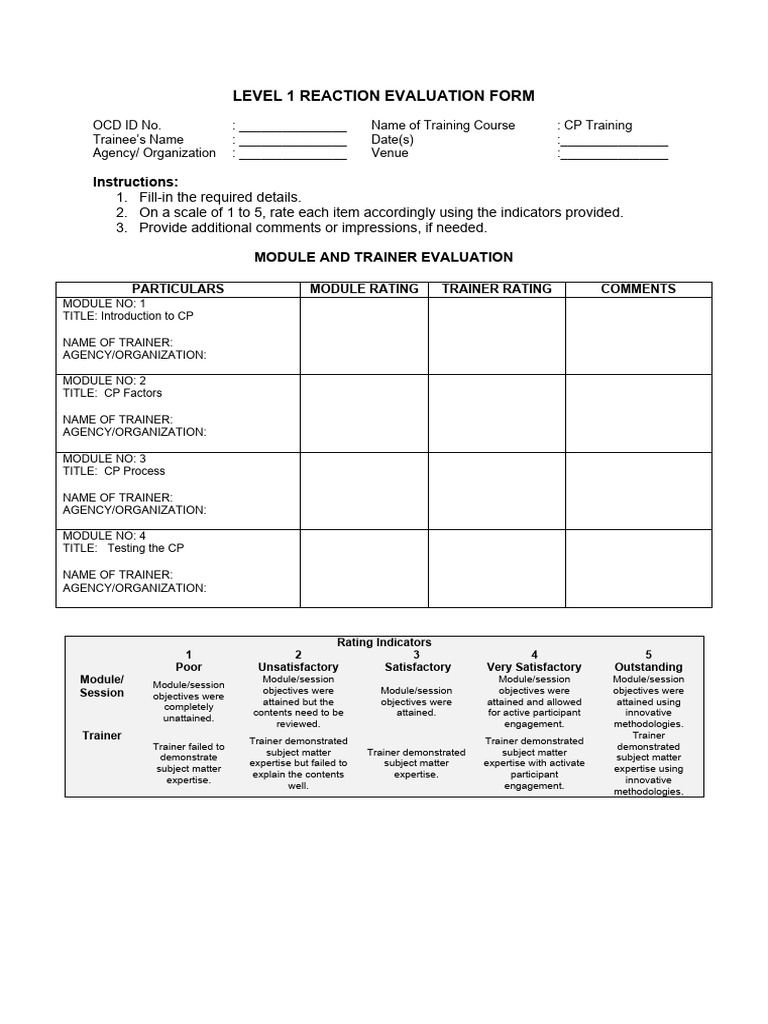 Level 1 Reaction Evaluation Form | PDF | Career & Growth