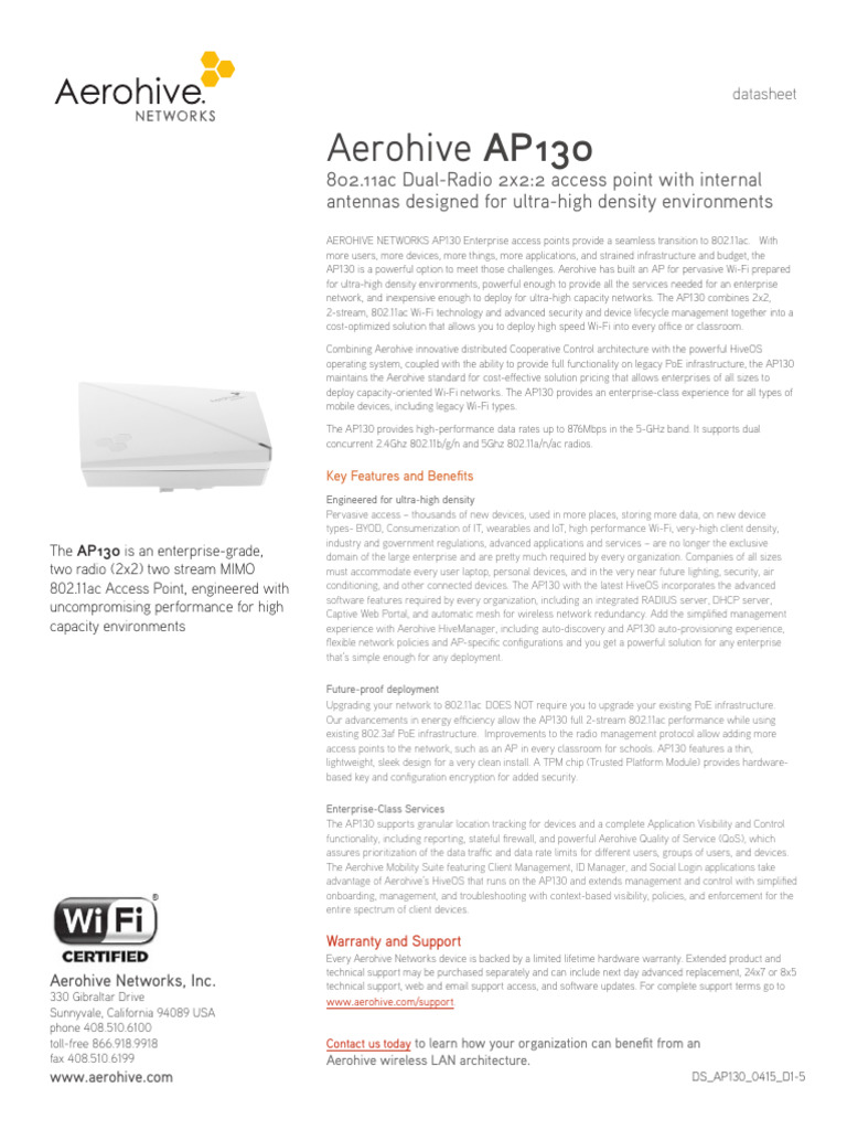 Aerohive Datasheet AP130 | PDF | Ieee 802.11 | Wi Fi