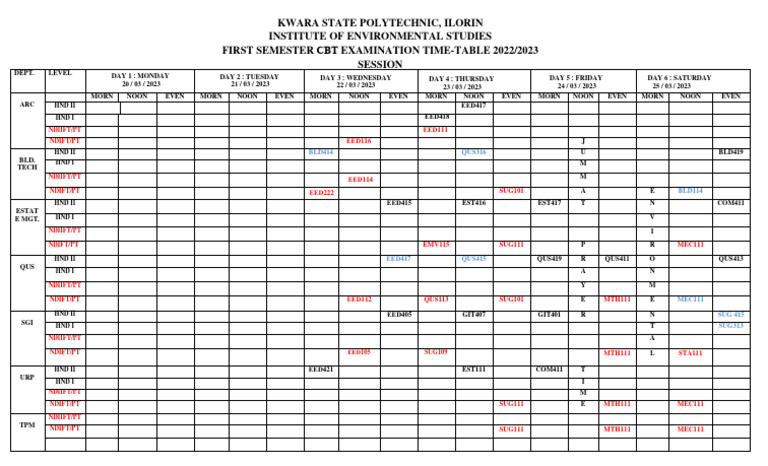 Kwara State Polytechnic Exam Timetable 2023 | PDF