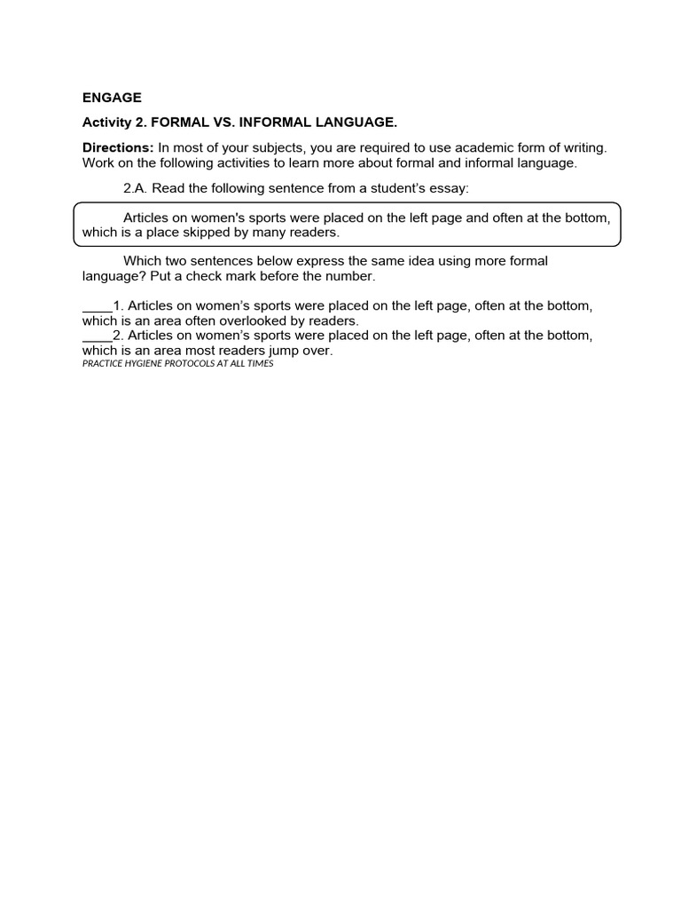 Engage Activity 2 Formal Vs Informal Language Directions In Most Of