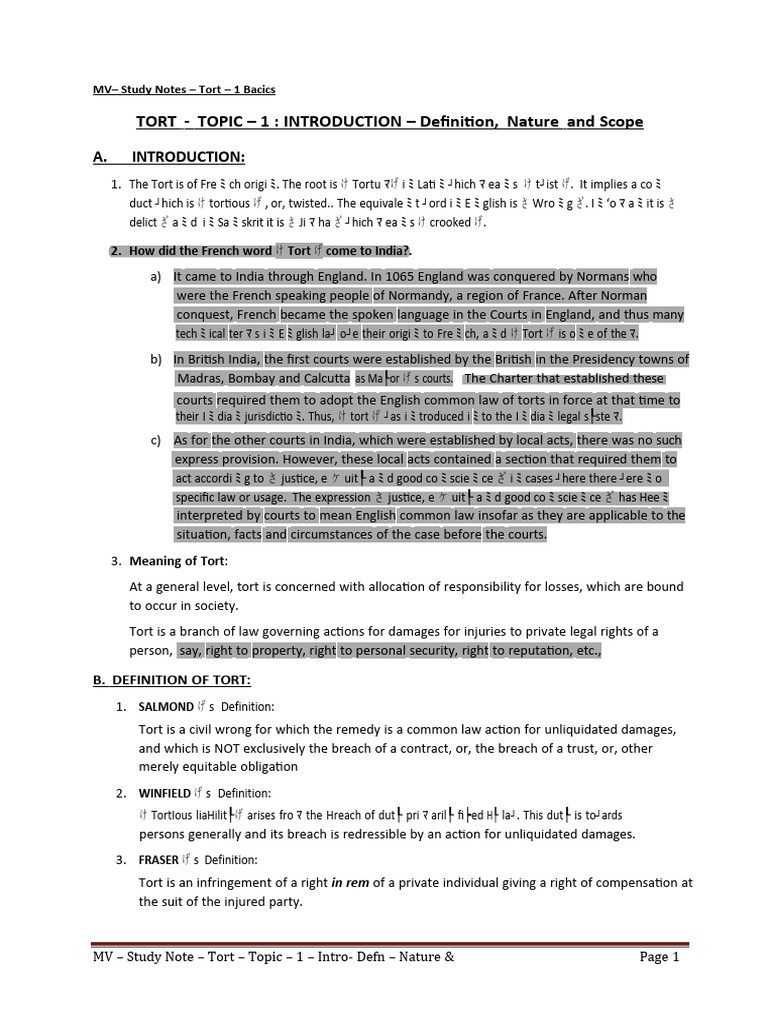 Tort Topic 1 Introduction Definition Nat | PDF | Damages | Tort