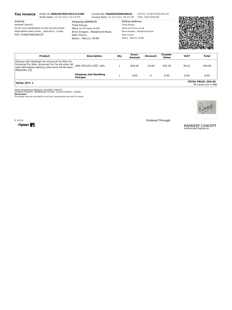 Otoroys LEDHeadlight Invoice | PDF