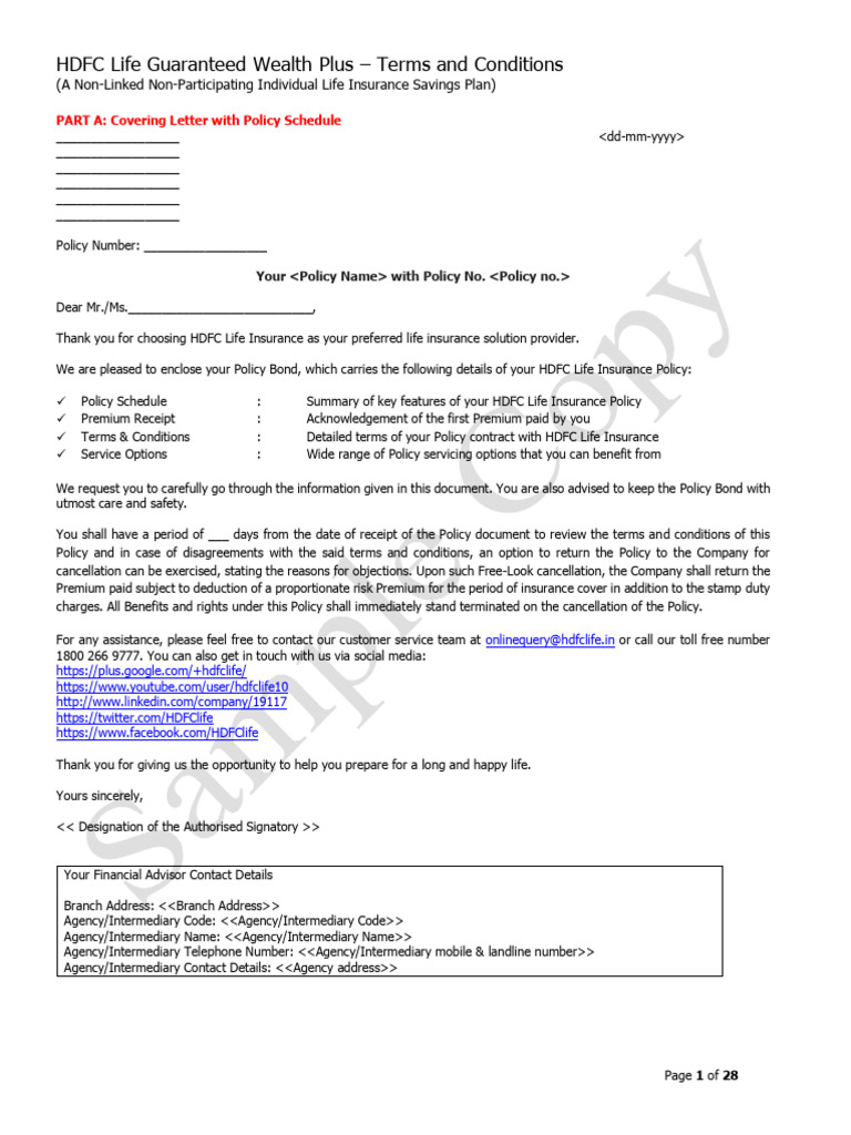 HDFC Life Guaranteed Wealth Plus 101N165V06 Policy Document | PDF ...