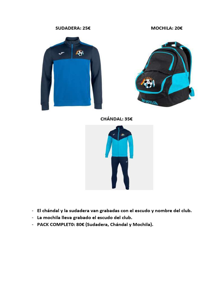 Ropa y mochila del club: precios y pack | PDF