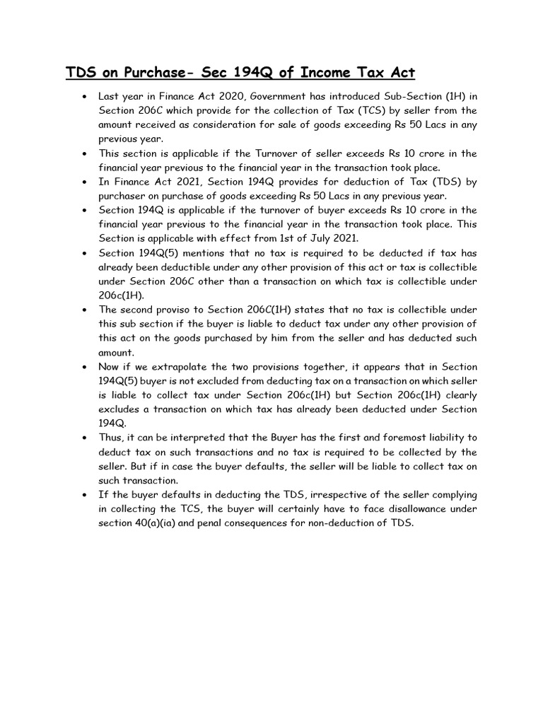 TDS On Purchase-Sec 194Q of Income Tax Act | PDF