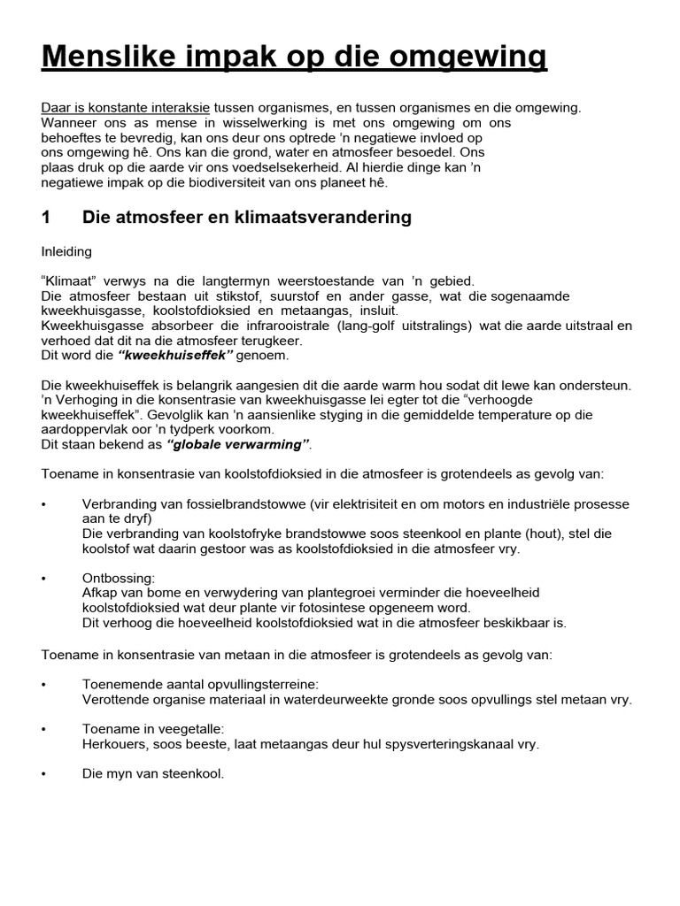 Menslike Impak Op Die Omgewing OPSOMMING | PDF