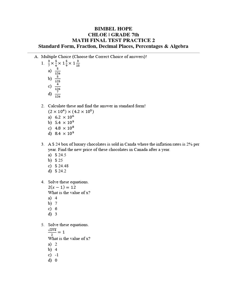 Grade 7 Math Practice Test | PDF | Area | Percentage