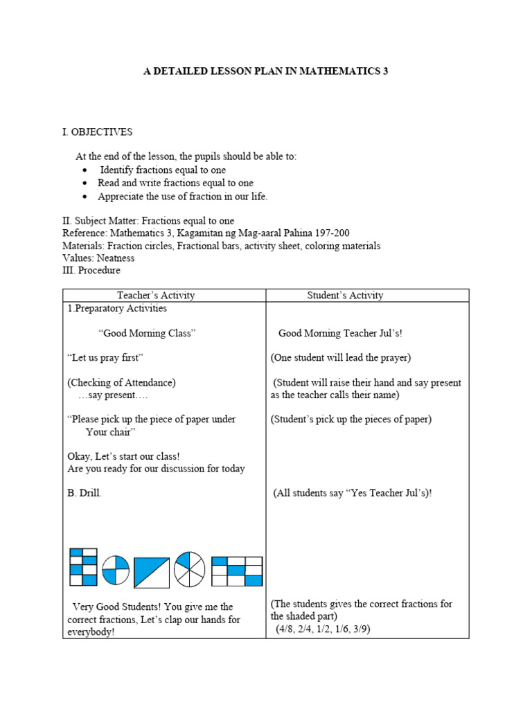 A DETAILED LESSON PLAN IN MATHEMATICS 3 Jullier | PDF
