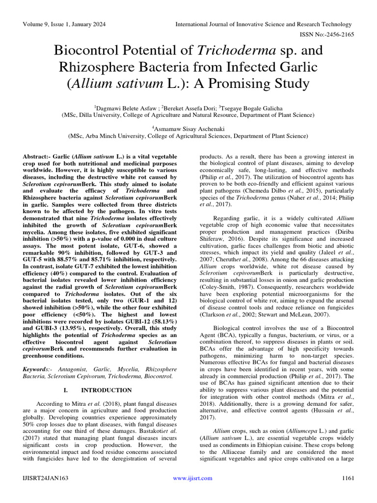 Biocontrol Potential of Trichoderma Sp. and Rhizosphere Bacteria From Infected Garlic (Allium ...