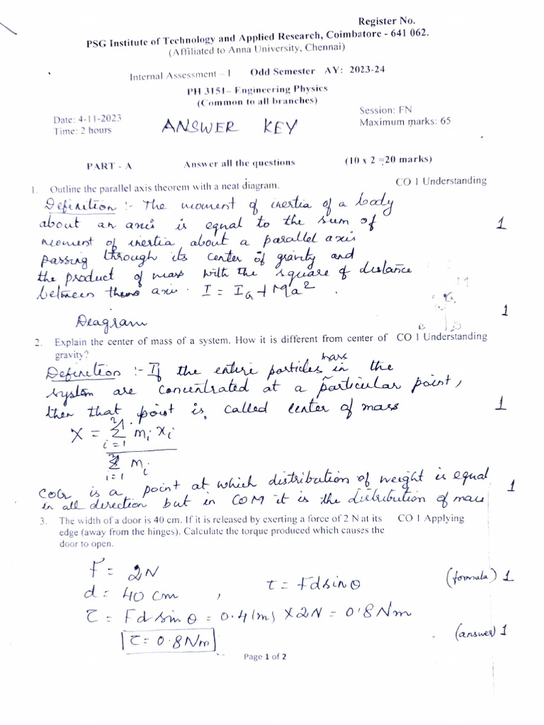Int 1 PH3151 Engg Phy KEY 23-24 Odd | PDF | Laser | Spin (Physics)