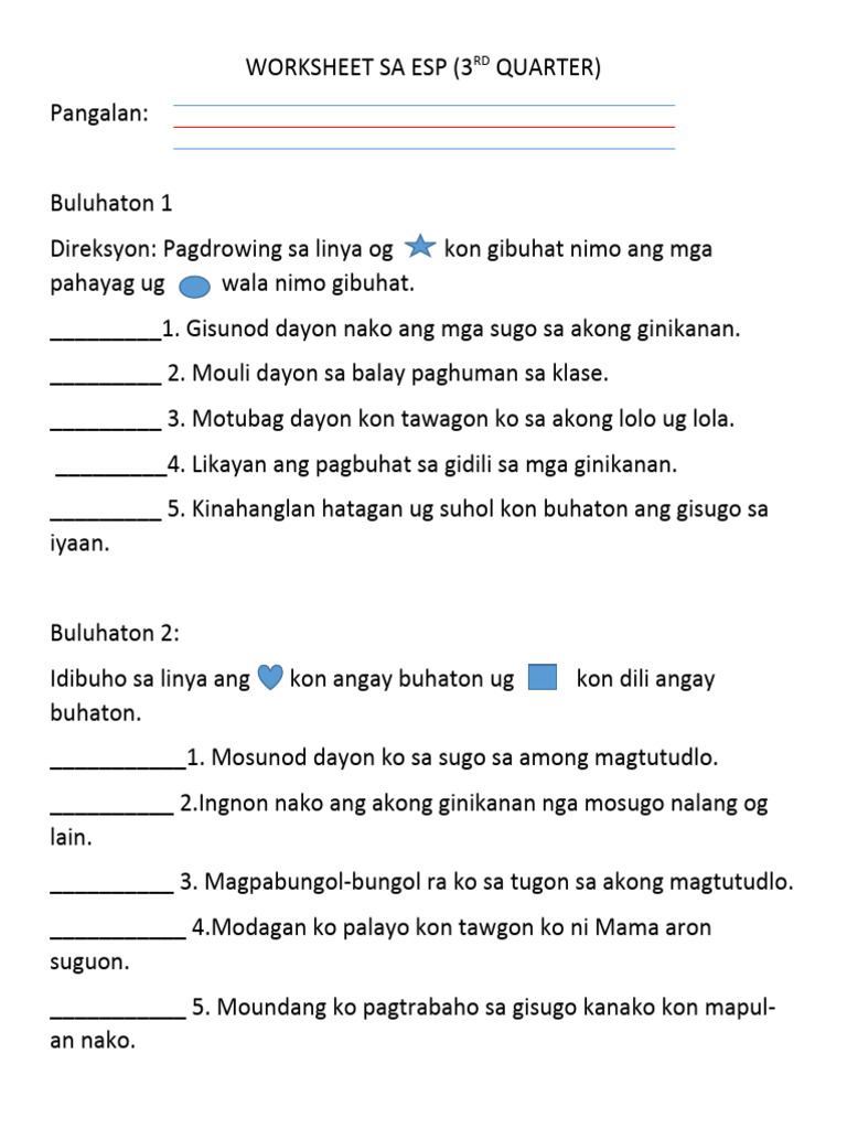 Worksheet Sa Esp 1 | PDF
