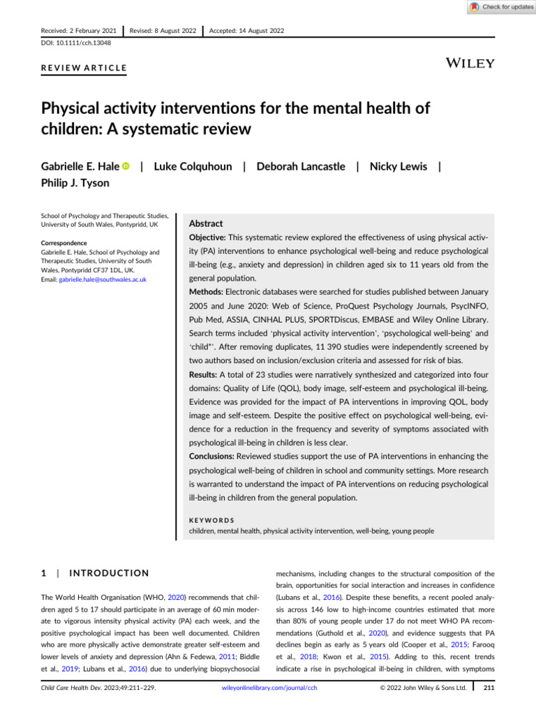 Child - 2022 - Hale - Physical Activity Interventions For The Mental Health of Children A ...