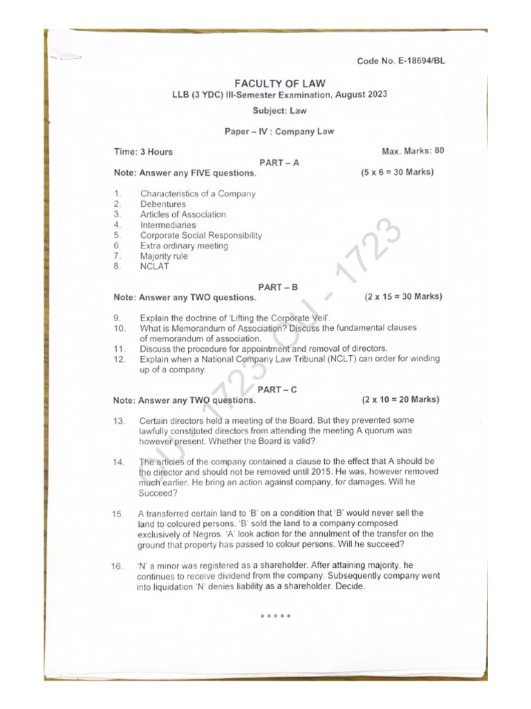 Company Law - III Sem | PDF