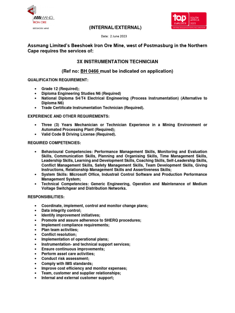 Job Opening: Instrumentation Technician at Assmang | PDF | Mining ...