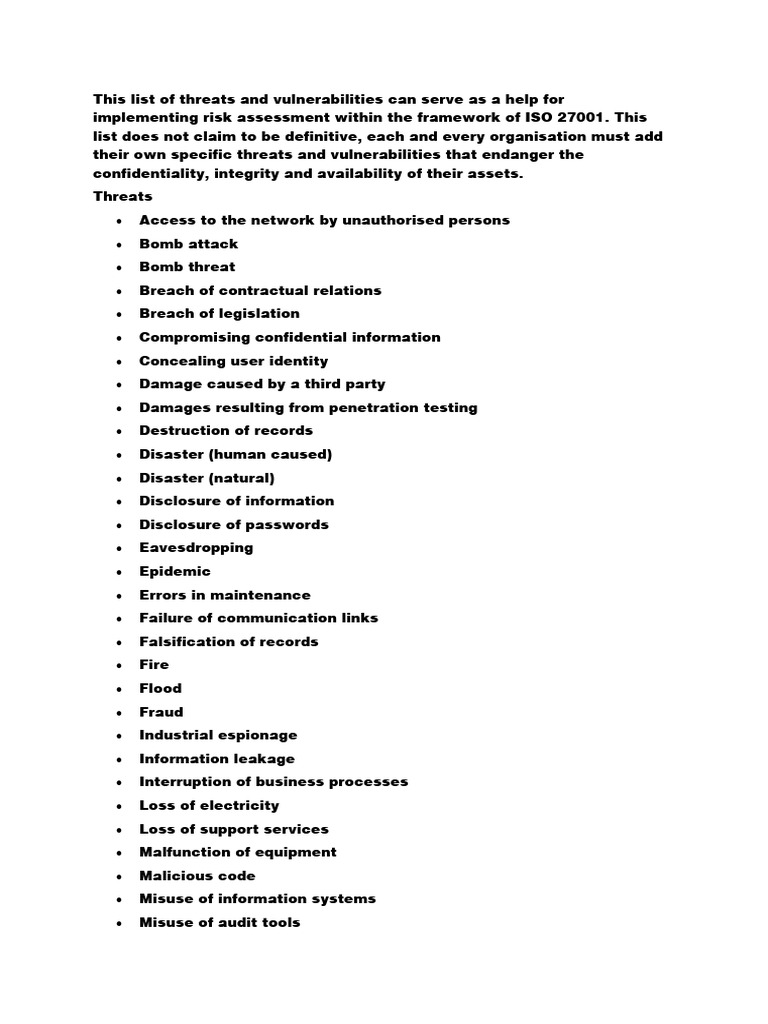 Threats and Vulnerabilities Checklist | PDF | Vulnerability (Computing) | Information Security