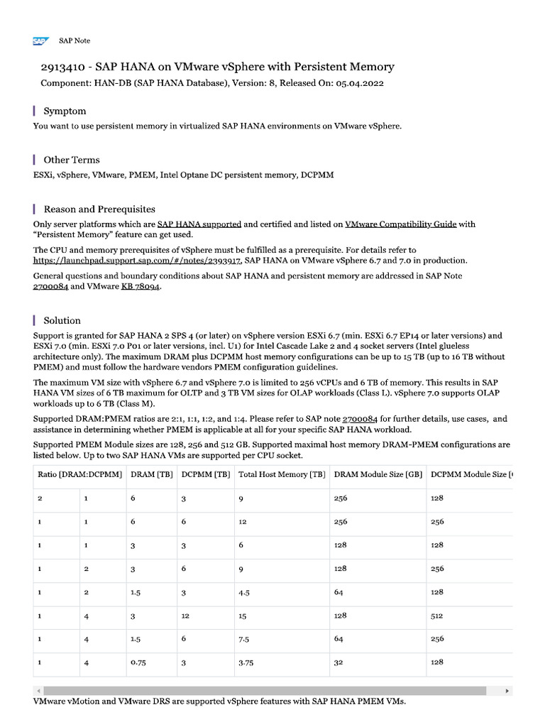 SAP HANA On VMware Vsphere With Persistent Memory | PDF