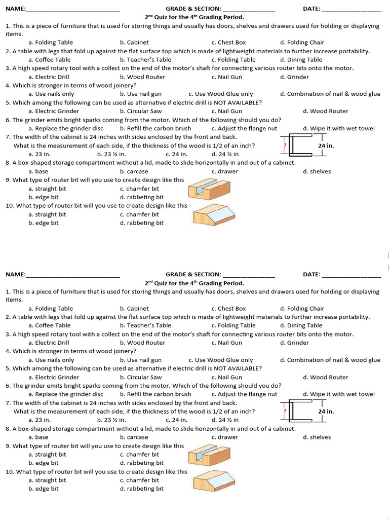 4th Grading Period Woodworking Quiz | PDF | Cabinetry | Woodworking