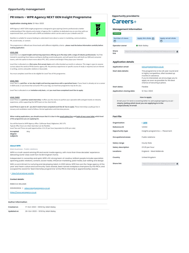 WPR NextGen Insight Programme and Placements | PDF