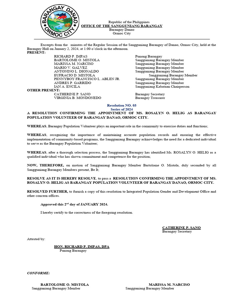 Resolution Appointment of Population Volunteer | PDF