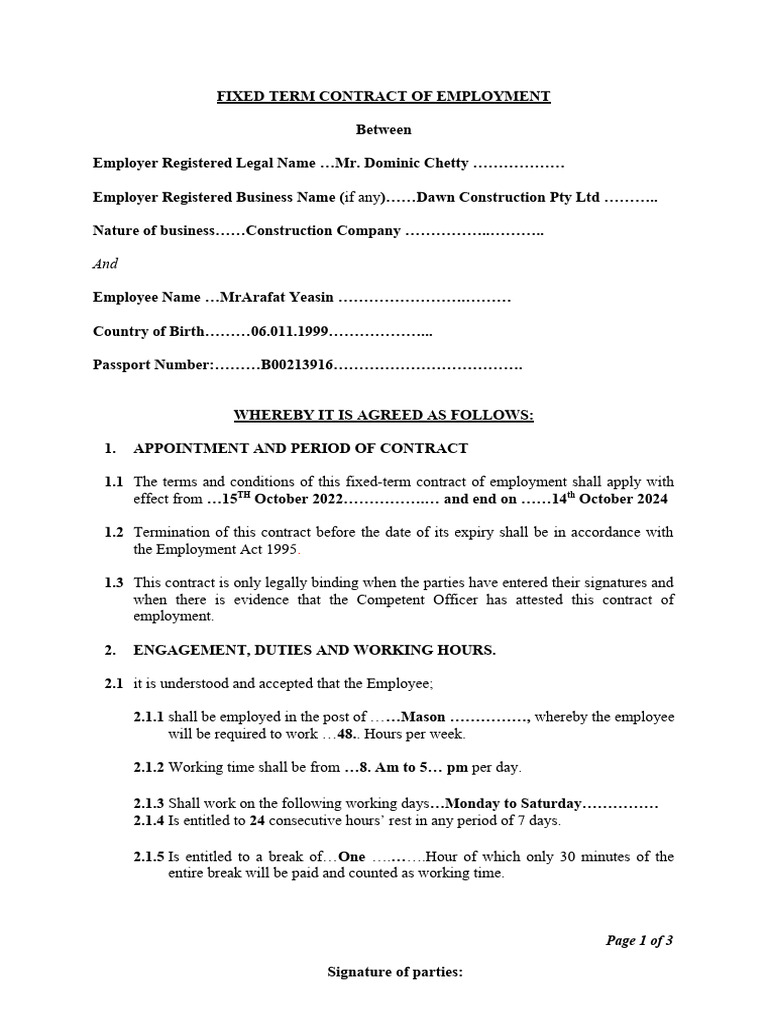 Fixed Term Contract (New) | PDF | Employment | Sick Leave