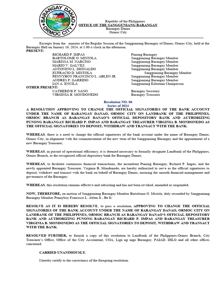 Resolution To Change The Signatories at Land Bank | PDF | Banks ...