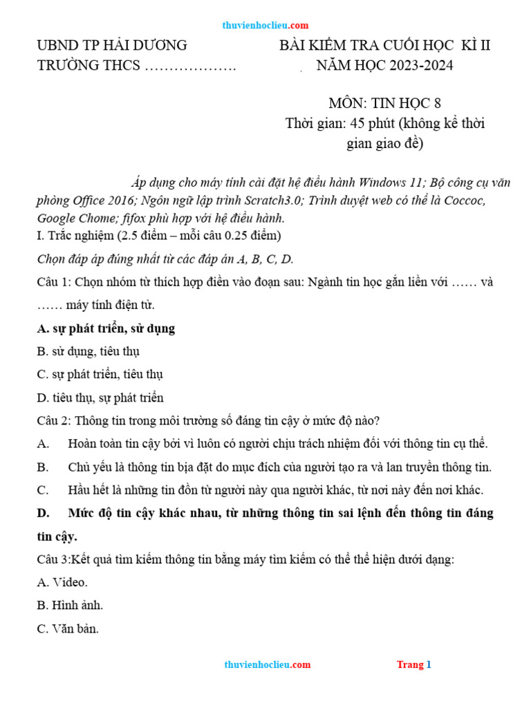 De Kiem Tra HK2 Tin 8 KNTT | PDF