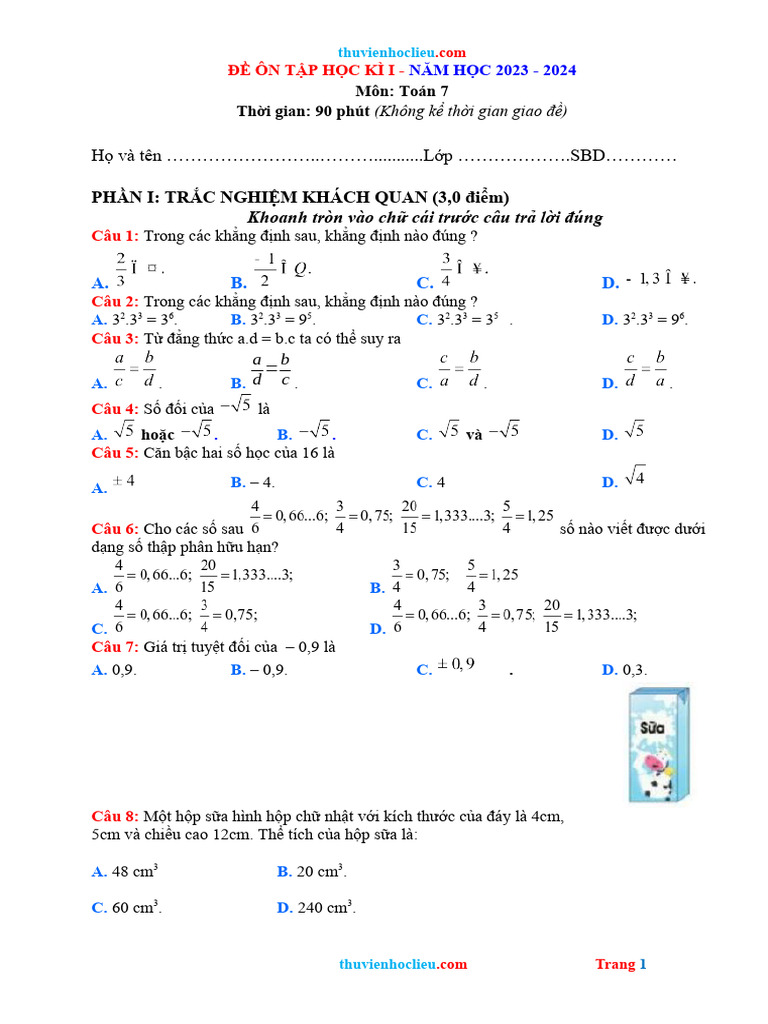 De On Tap HK1 Toan 7 KNTT 23 24 | PDF